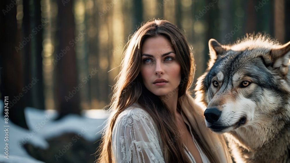 portrait of a woman with a wolf blends the beauty of a female figure ...
