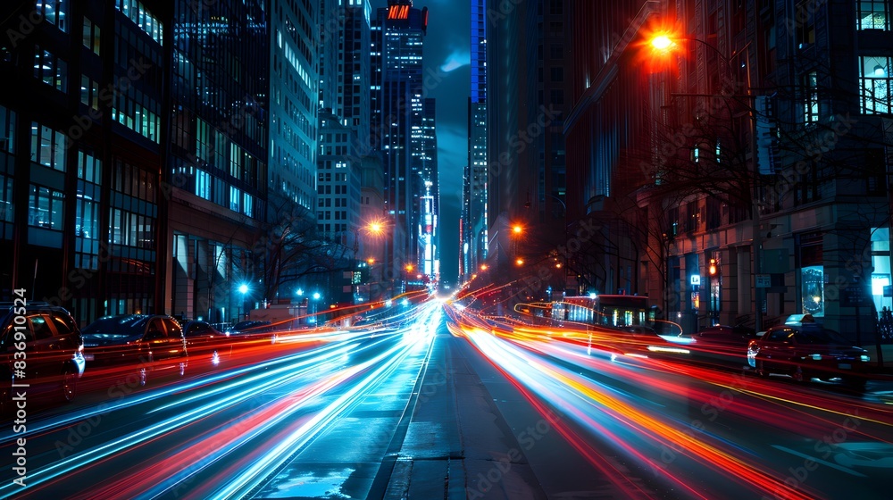 A long exposure photo of city streets at night, with light trails from ...