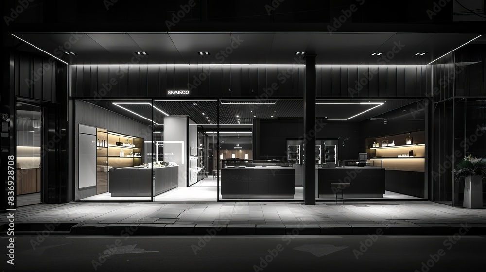 Entrepreneurs decorating storefront with modern signage, sleek design ...