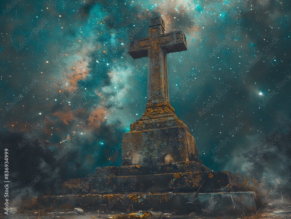 A colossal Corinthian cross monument gleams under a starry night sky ...