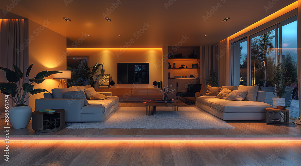 A modern living room with warm LED lighting fixtures illuminating the ...