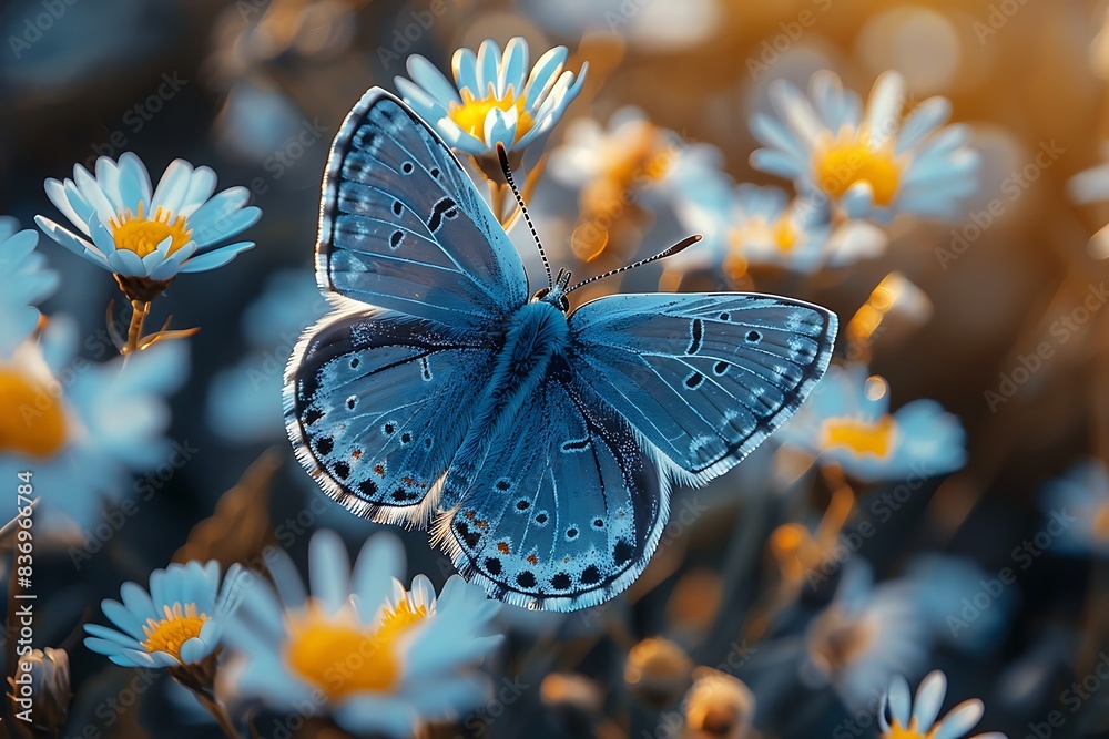 Beautiful blue butterfly in full body close-up portrait, flying with ...