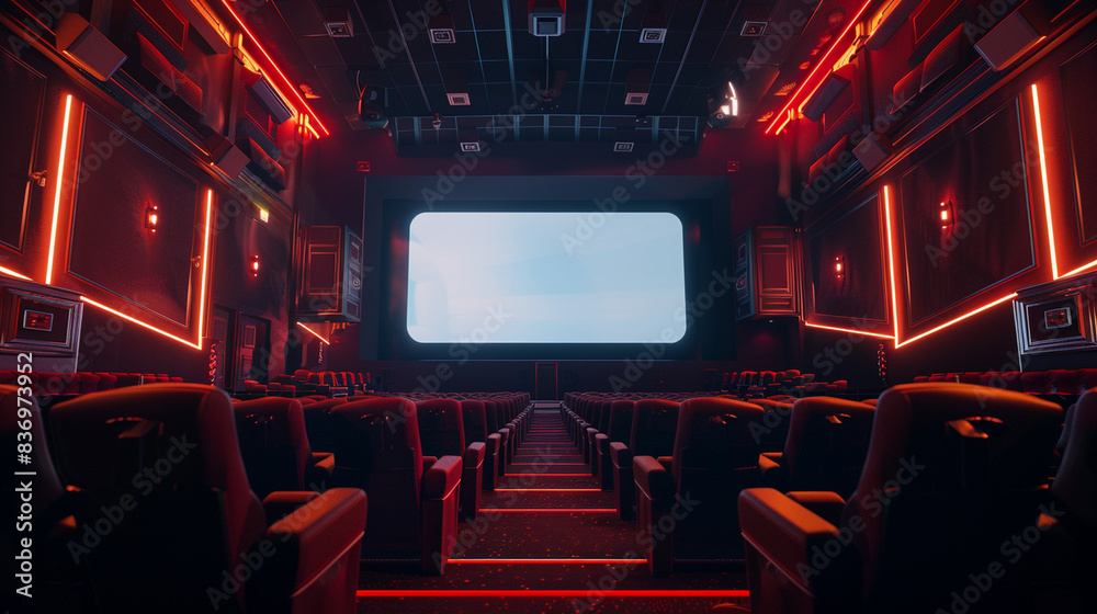 Extra large movie theatre screen empty dark movie theatre with accent lighting, Generative AI ...