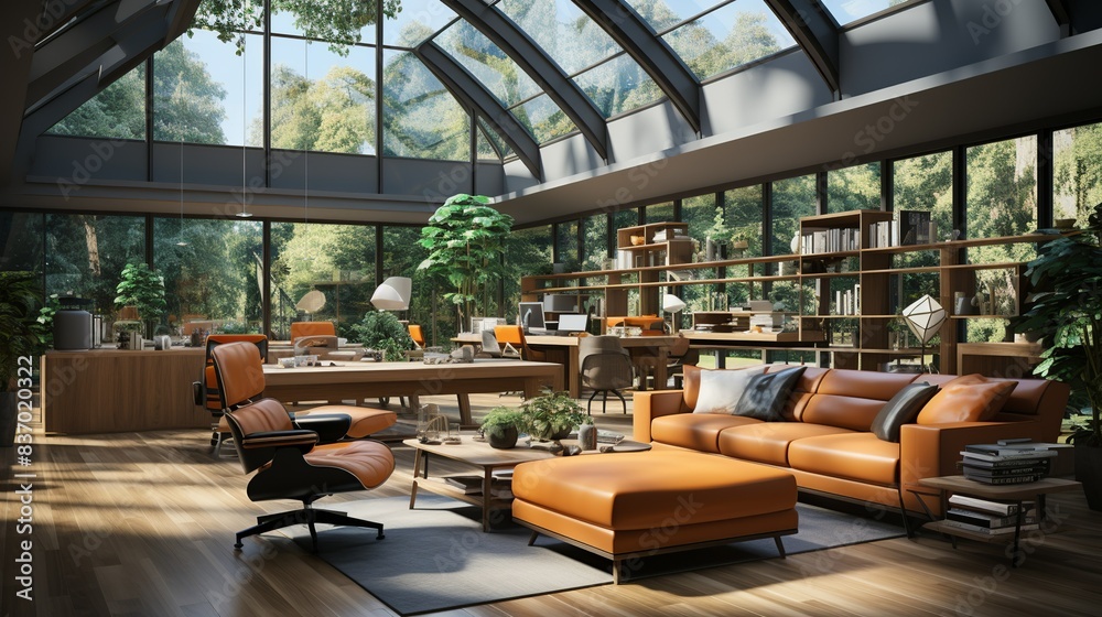 A modern open-plan office with flexible seating options, collaborative workspaces, and breakout ...