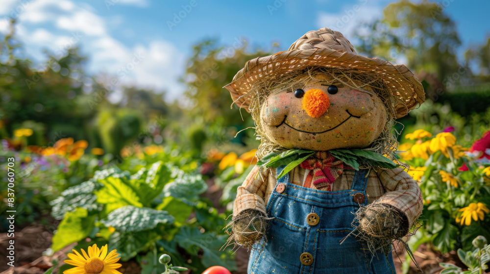 Cute Scarecrow Guarding Vegetable, Flower Patch With Copy Space, A w ...