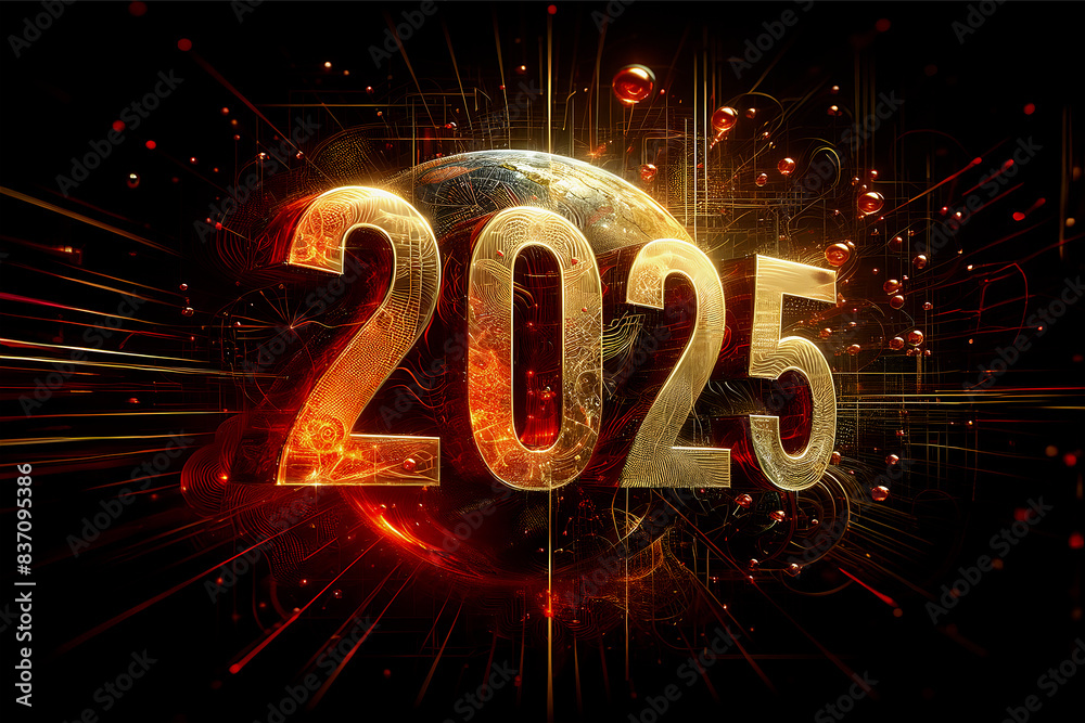 Illustration Stock 2025 New Year Futuristic 2025 Neon Sign, Cyberpunk ...