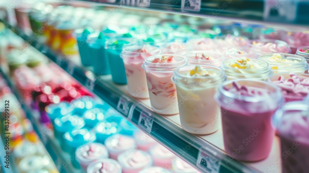A variety of yogurt containers on a supermarket shelf, dairy products ...