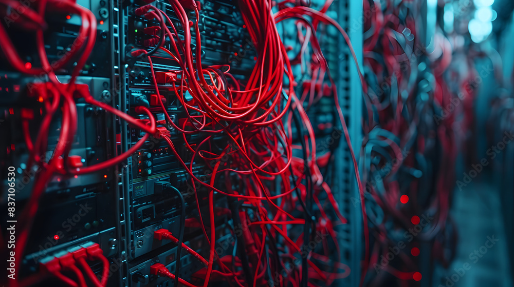 Complex network server wiring chaos, Close-up view of tangled cables and wires in a data center ...