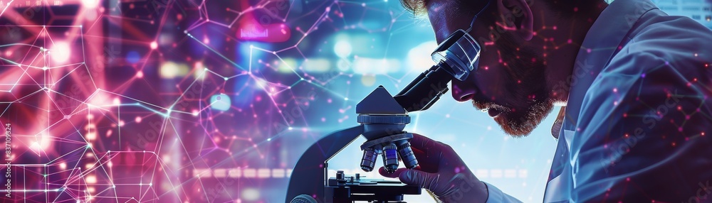 A scientist examining MSG under a microscope, food science theme, side ...