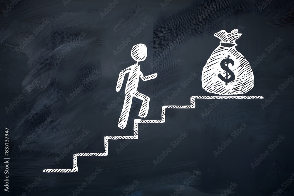 Stick figure climbs stairs to money bag, symbolizing ambition and ...