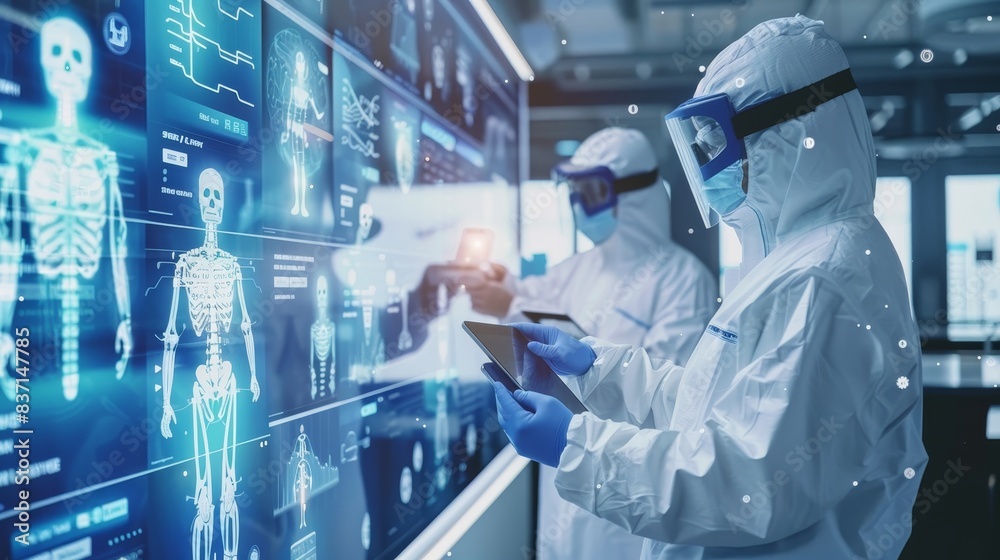 Scientists in biohazard suits holding electronic devices in a sterile ...
