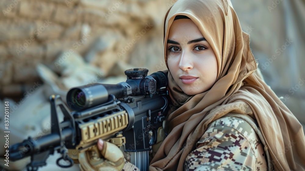Beautiful young special military woman hijab Muslim with rifle machine ...