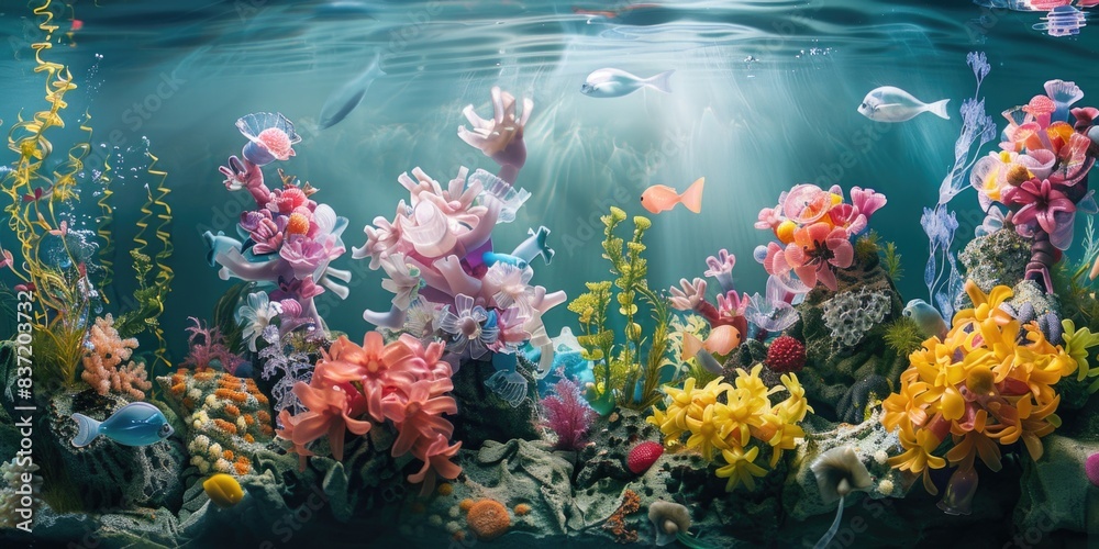 Areial underwater photo reef made out of plastic bottes platic toys ...