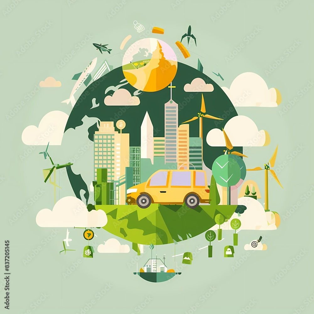 Earth-Friendly Commute: Cartoon Illustration of Sustainable Mobility ...