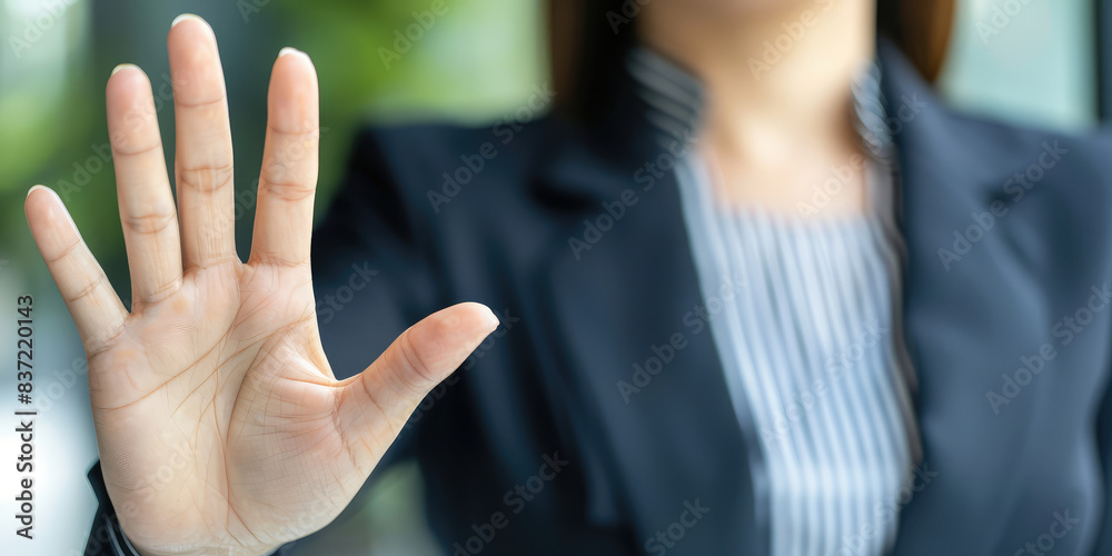 Stop, hand sign and woman in business suit with no gesture for sexual ...
