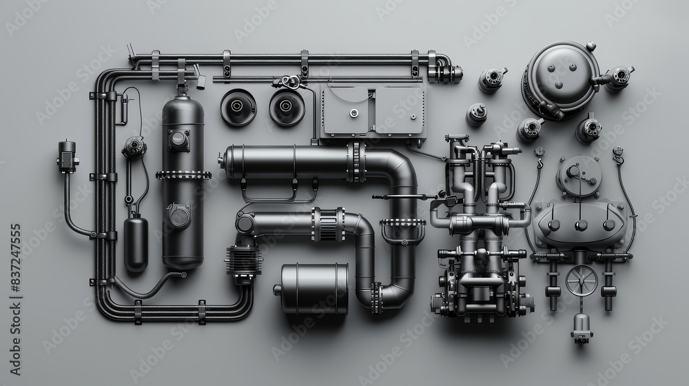 Flat design of air compressor mechanism, 3D render, top view ...