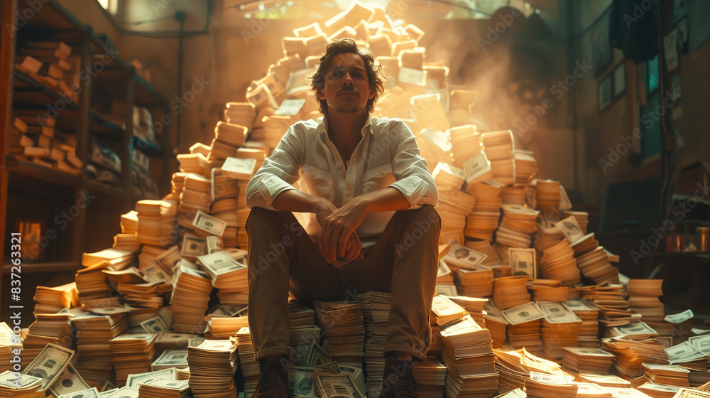 Image of a self assured man sitting on a stack of money, representing ...