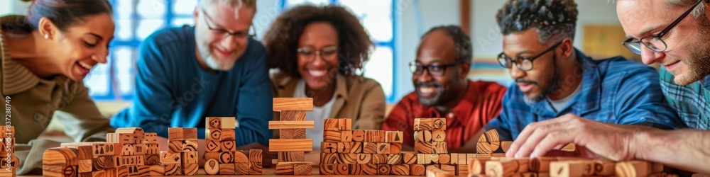Diverse Group of Adults Engaged in Team Building Exercise with Building ...