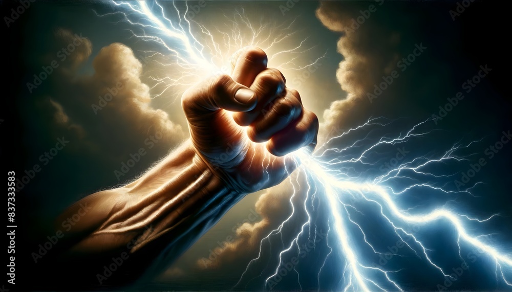 The image shows a powerful hand gripping a bolt of lightning ...