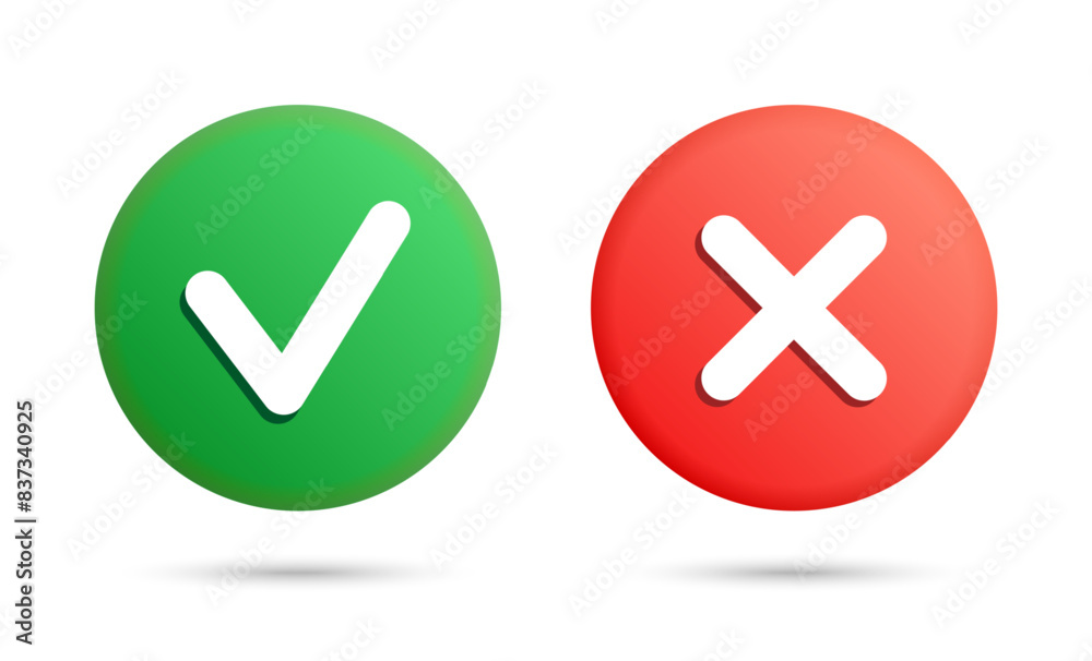 A green checkmark and red cross icons, isolated on a white background ...