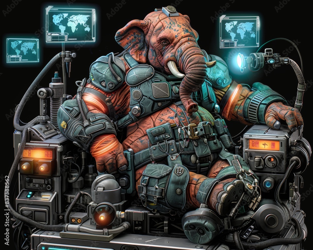 Futuristic Armored Elephant with Cybernetic Enhancements and Tech Gear ...