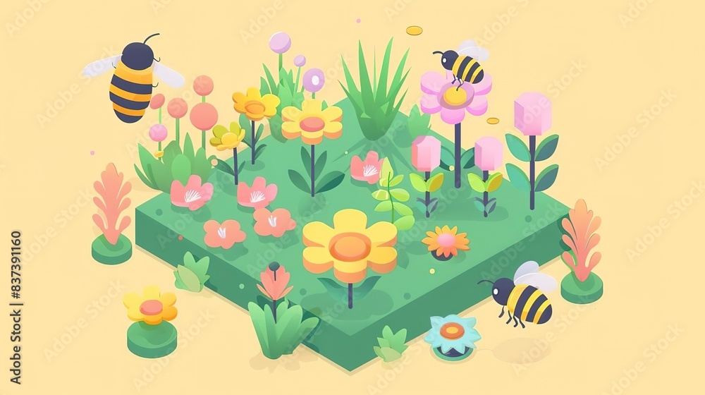 Cute isometric illustration of bees pollinating flowers in a garden ...