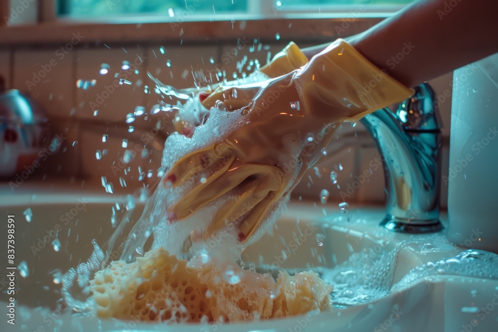 woman hands wearing rubber gloves, wringing out a filthy sponge over a ...