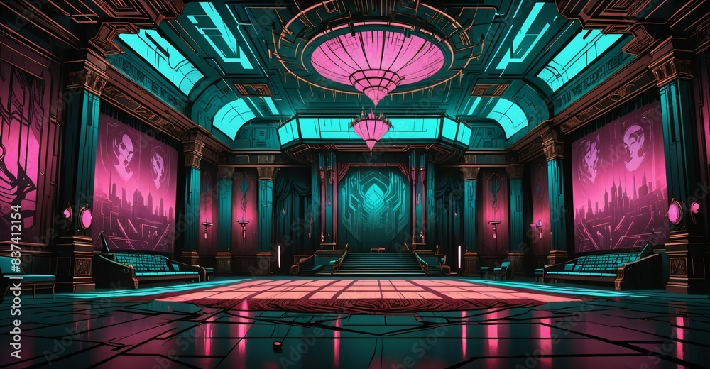 cyberpunk palace ballroom theatre hall. futuristic abandoned sci-fi ...