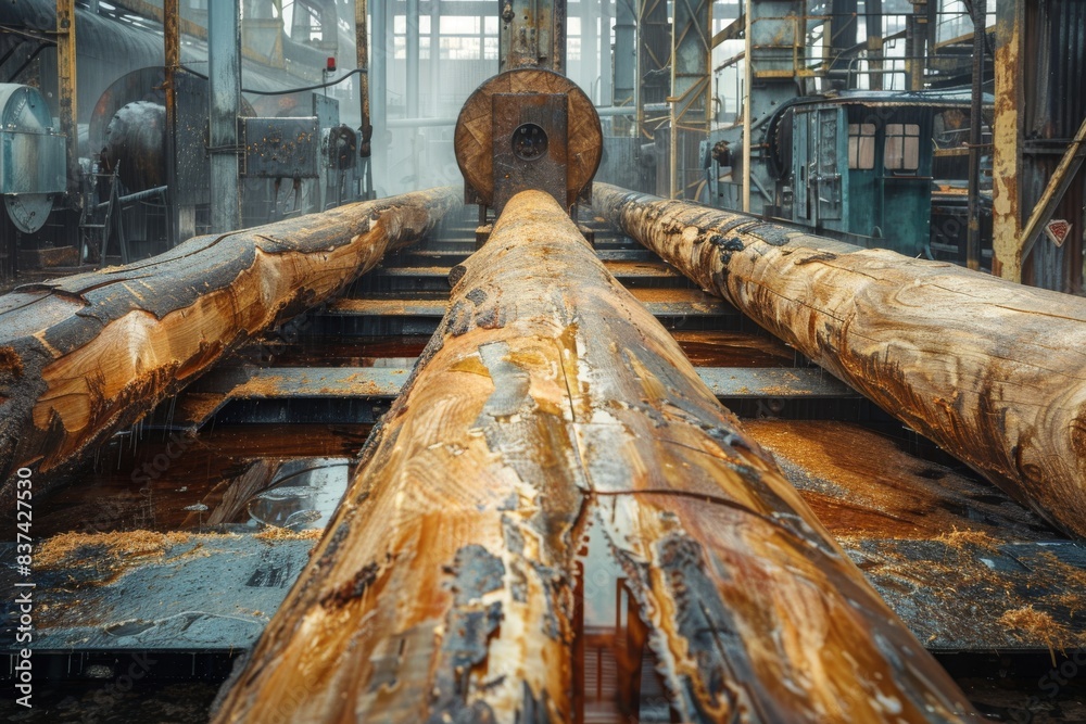 Large wooden logs being processed in an industrial sawmill. Perspective ...