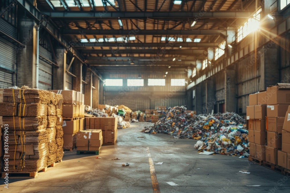 Sunlight streams into a large recycling warehouse with sorted piles of ...