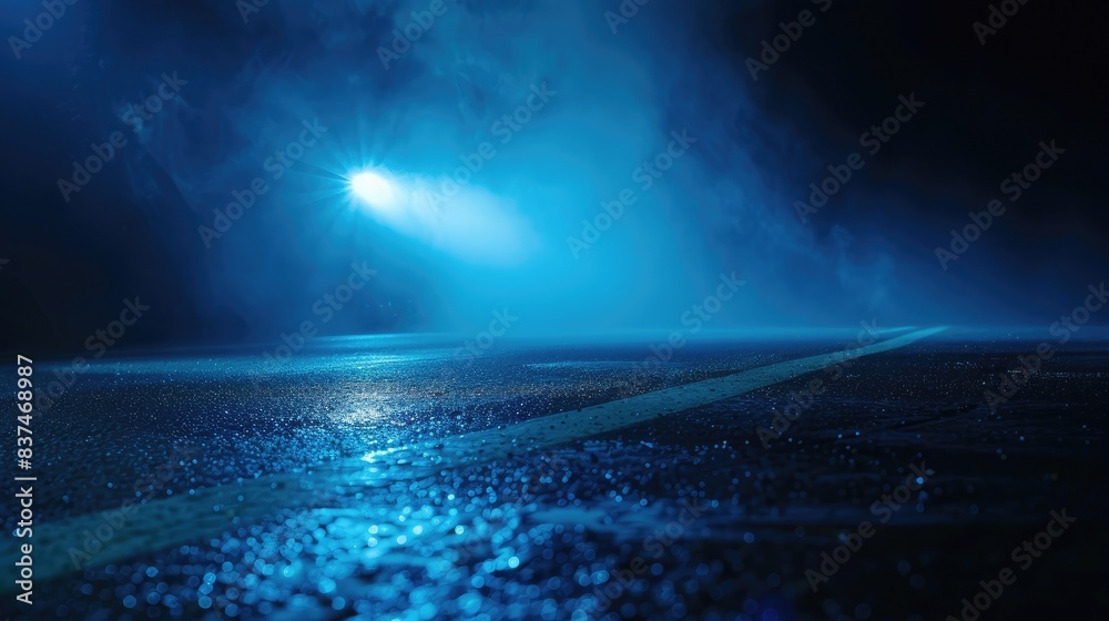 Moody night scene with blue fog, deserted street, reflective wet ...