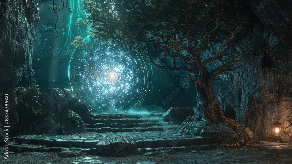 Hidden cave chamber with a large glowing magic circle, an enchanted ...