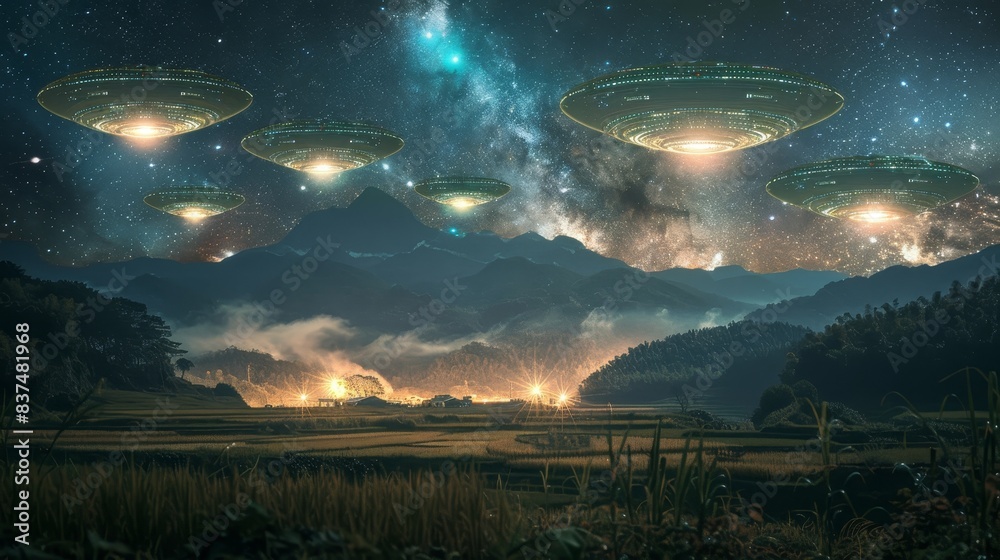 Multiple UFOs with pulsating lights above a vast rice field, cosmic ...