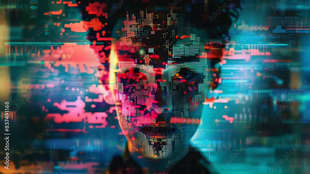 Glitched portrait with pixelated face, vibrant distortions, fragmented ...