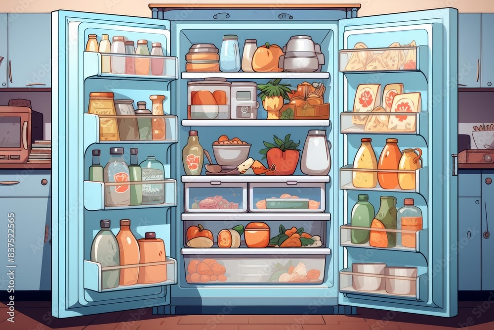 Refrigerator flat design top view family meals theme animation ...