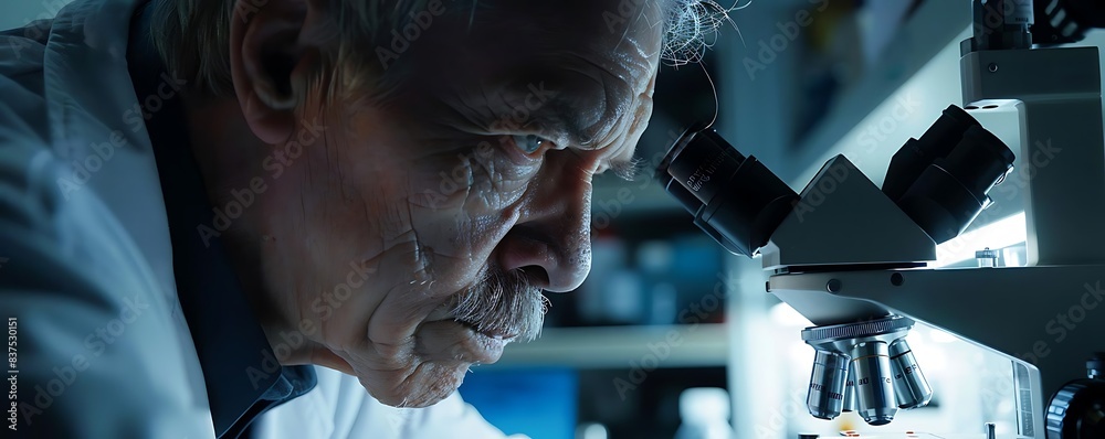 a man with brown hair and a large nose looks through a microscope ...