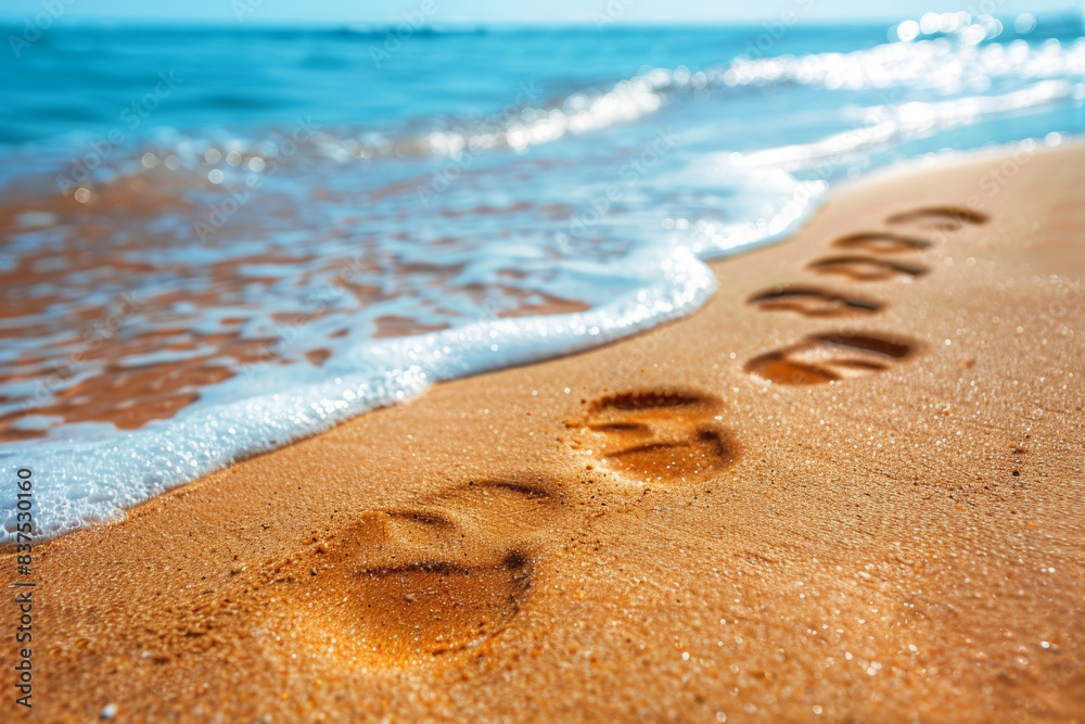 Closeup of footprints in the sand on a beach with ocean waves ...