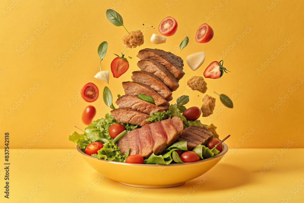 Meat falling, Grill Chops steaks, realistic 3d brisket flying in the ...