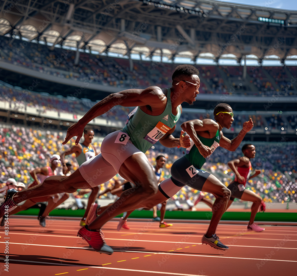 Multiple sprinters running for the gold medal in a big stadium at the ...