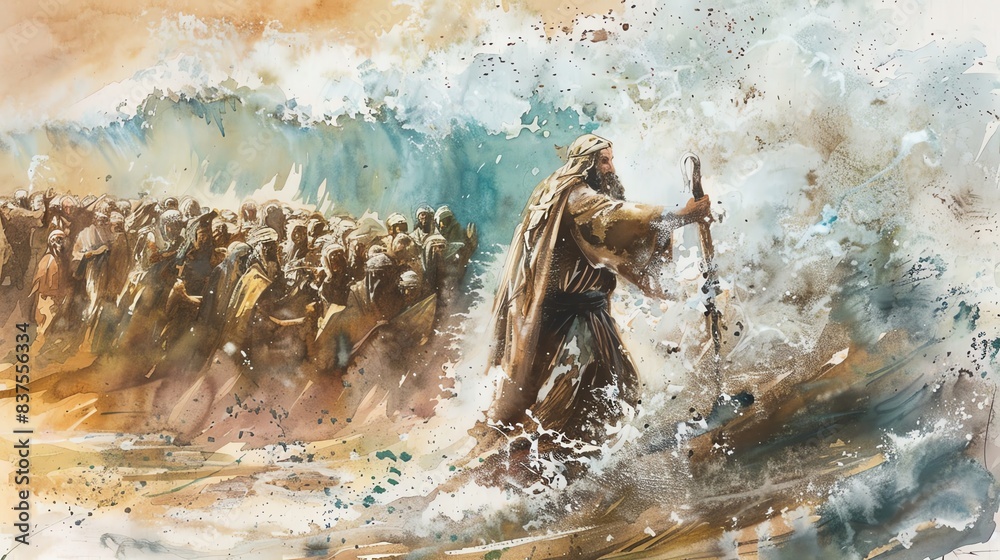 Watercolor painting of Moses parting the Red Sea, pastel earth tones ...