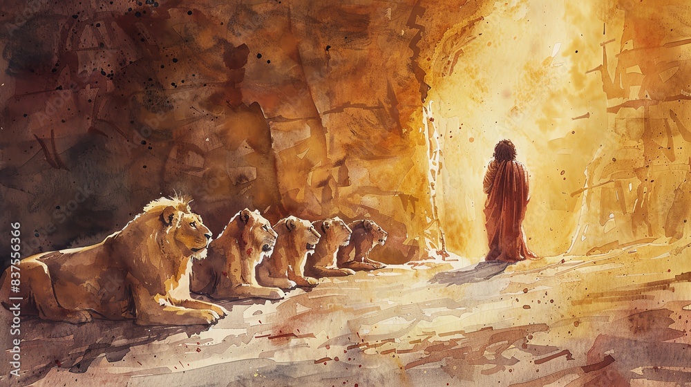 Daniel in the lions den, watercolor, pastel earth tones, biblical art ...