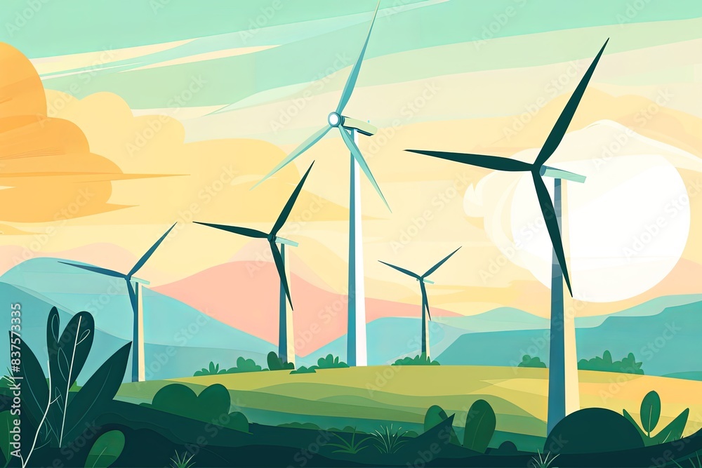 Wind turbines flat design front view sustainable power theme animation ...