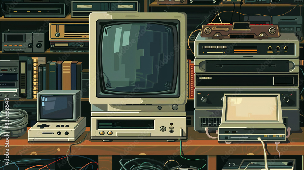 Pixel art, vintage items, cassette tapes, old computers, nostalgic ...