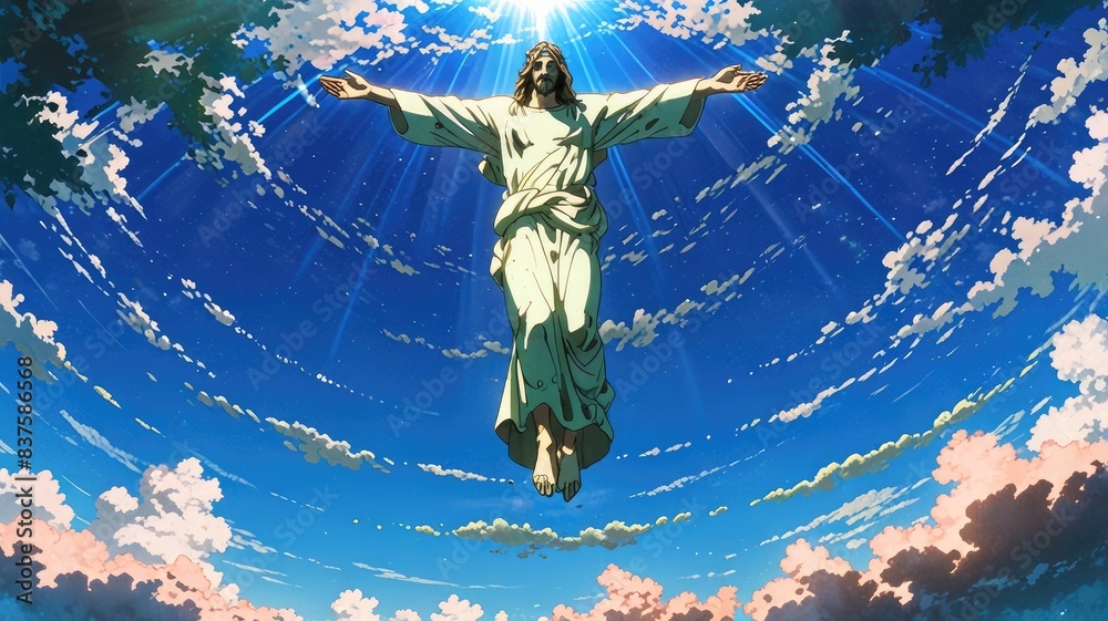 Jesus ascending to heaven after his resurrection, with a unique and ...