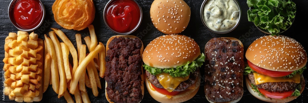 Assorted fast food items including burgers, fries, sauces, and toppings ...