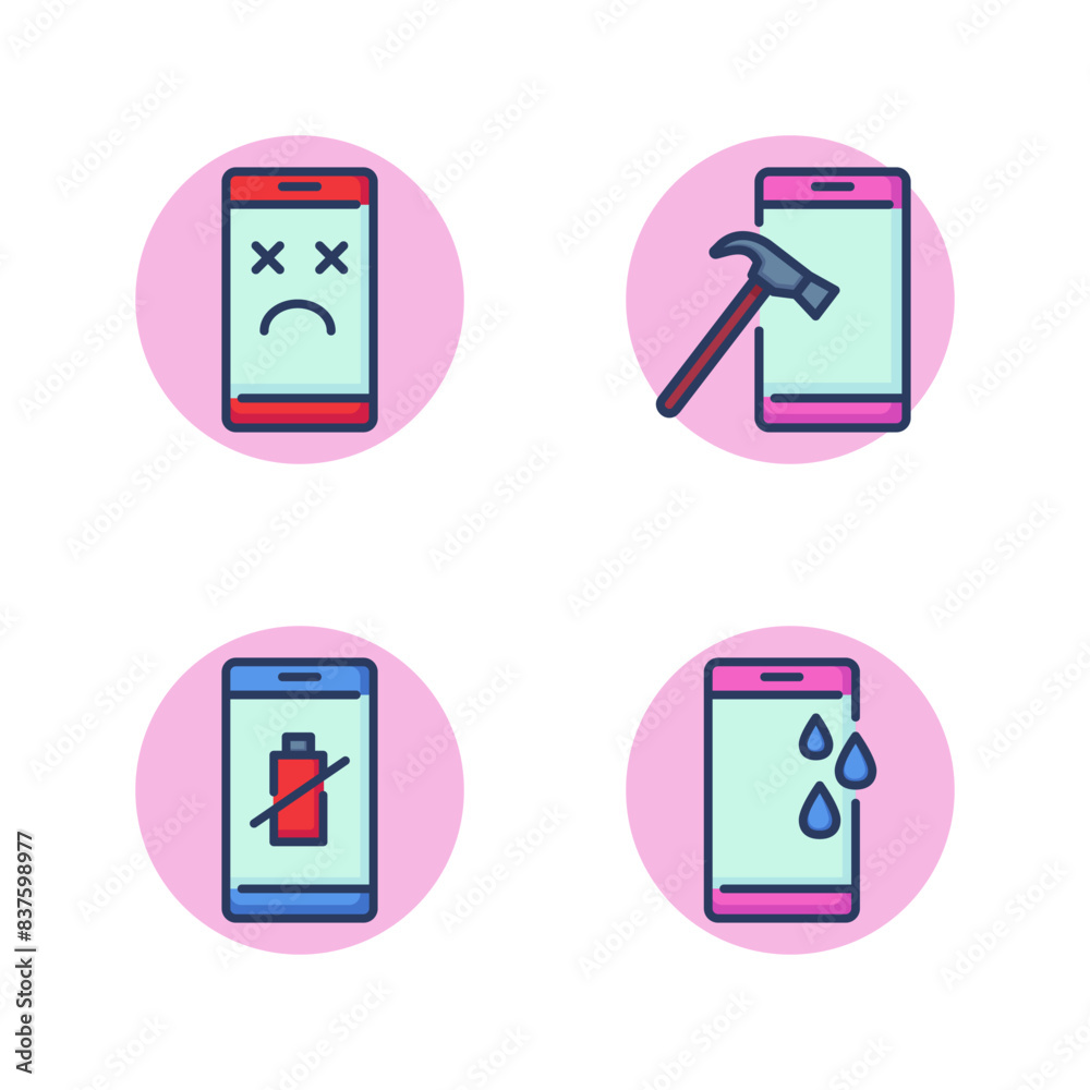 Mobile phone problems line icon set. Dead smartphone, mobile phone ...