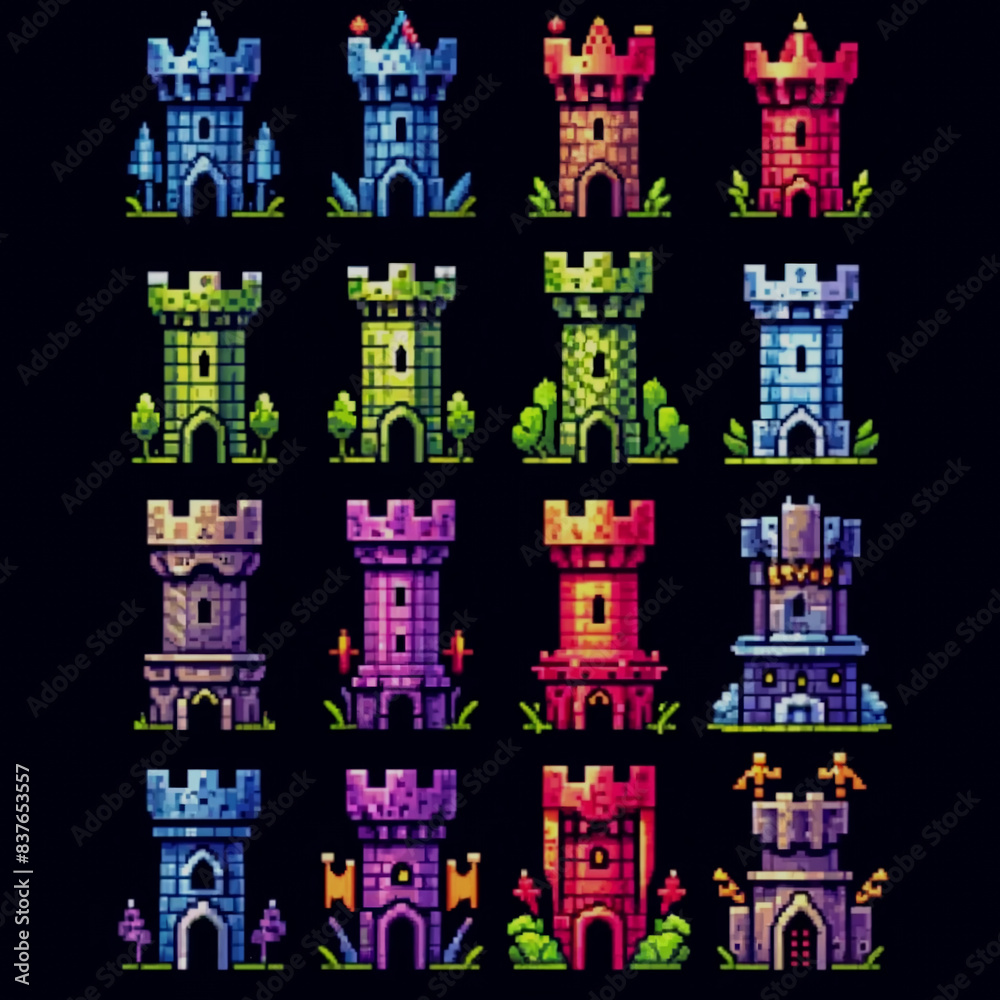 RPG Pixel Art Castle Towers Icons for Game UI and Design Stock ...