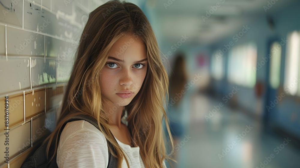 Shy and Pensive Teenage Girl in a School Hallway Portraying Emotions ...