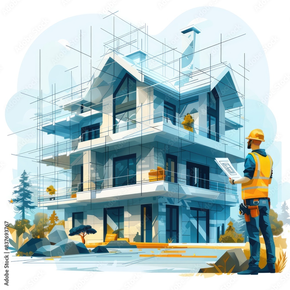 Engineer inspecting a modern house under construction, with scaffolding ...