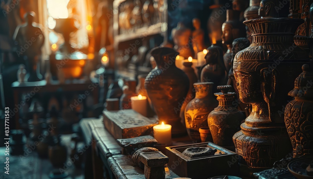 Ancient artifacts, dim lighting, historical display close up, focus on ...